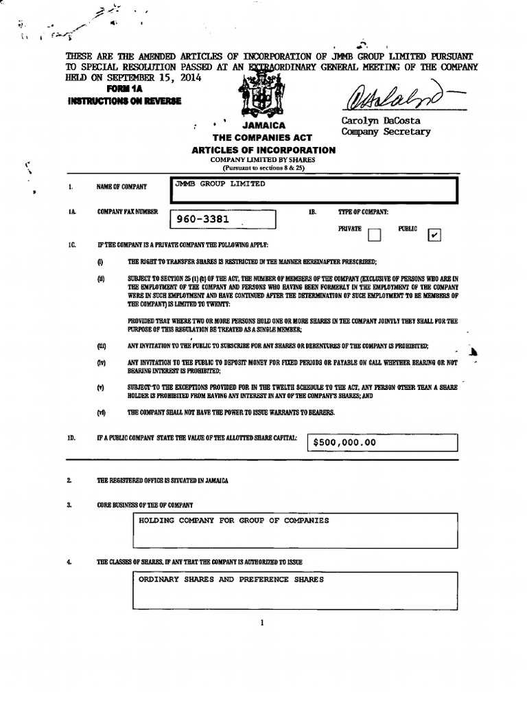 JMMBGL Amended Articles of Incorporation | PDF