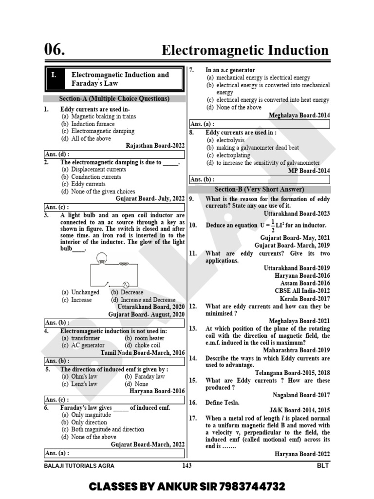 Electromagnetic Induction MCQs and Answers | PDF | Electromagnetic ...