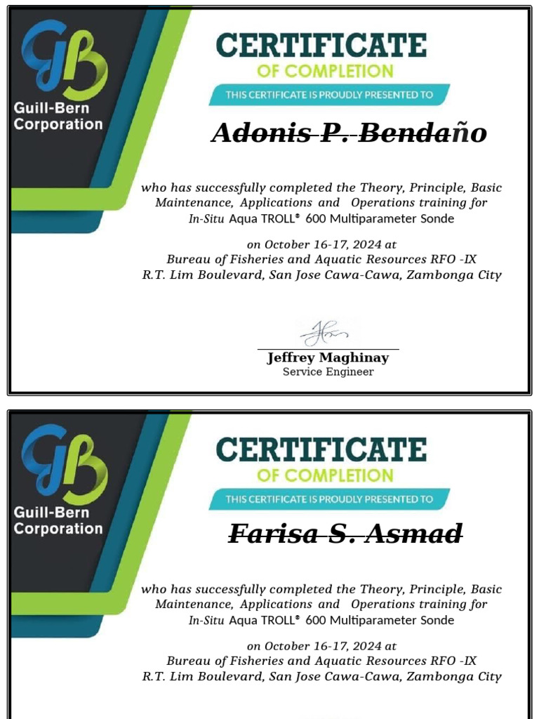 Training Certificate of In-Situ Aqua Troll 600 Multiparameter Sonde | PDF