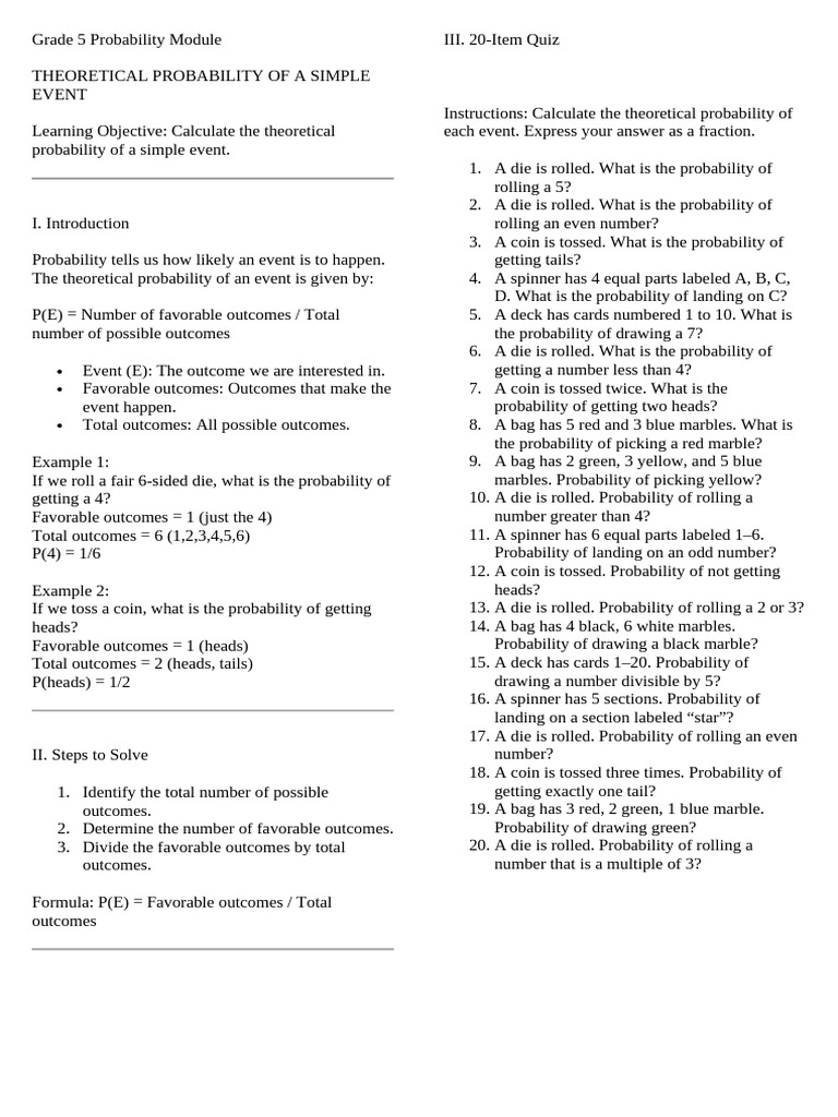 Grade 5 Probability Module | PDF | Probability | Odds