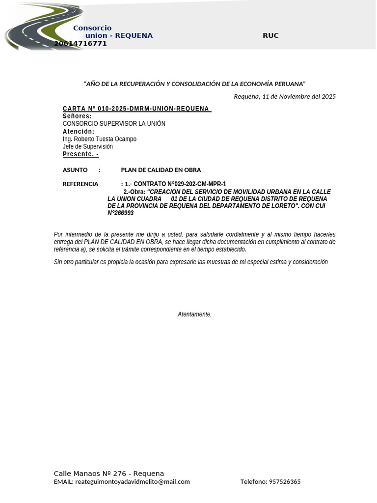 Carta #010-2025 - Plan de Calidad | PDF
