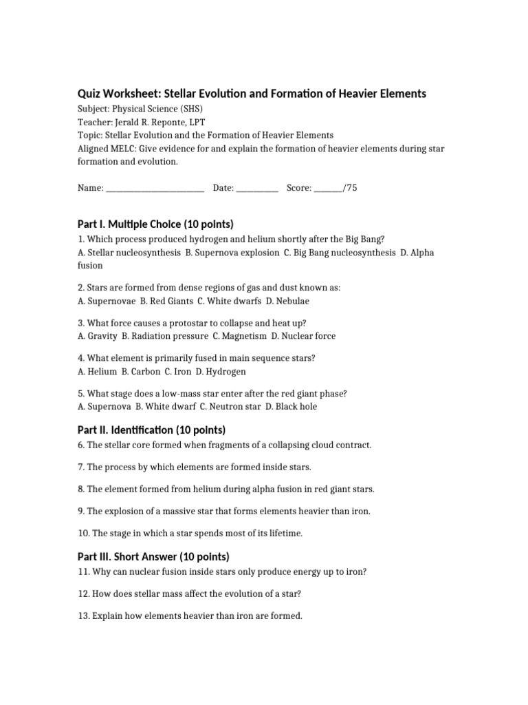 Stellar Evolution Quiz Worksheet | PDF