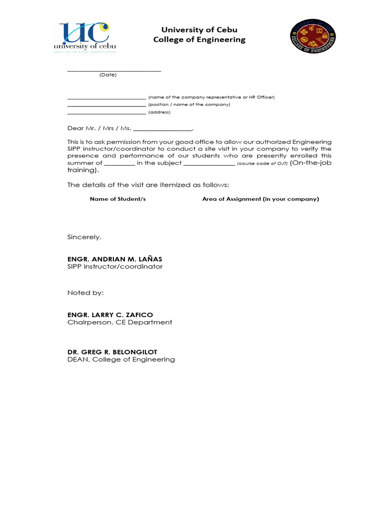 7 OJT Request Letter For Site Visit | PDF