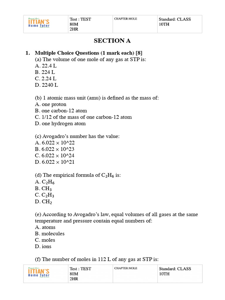 Chemistry Mole Concept Quiz and Exercises | PDF | Mole (Unit) | Gases