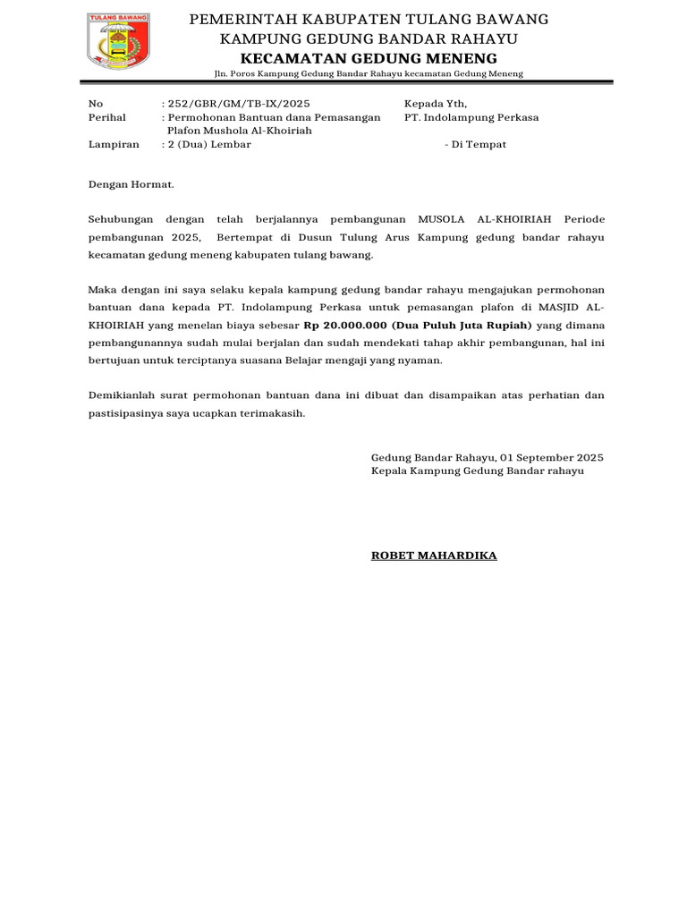 Proposal Plafon Masjid Tulung Arus | PDF