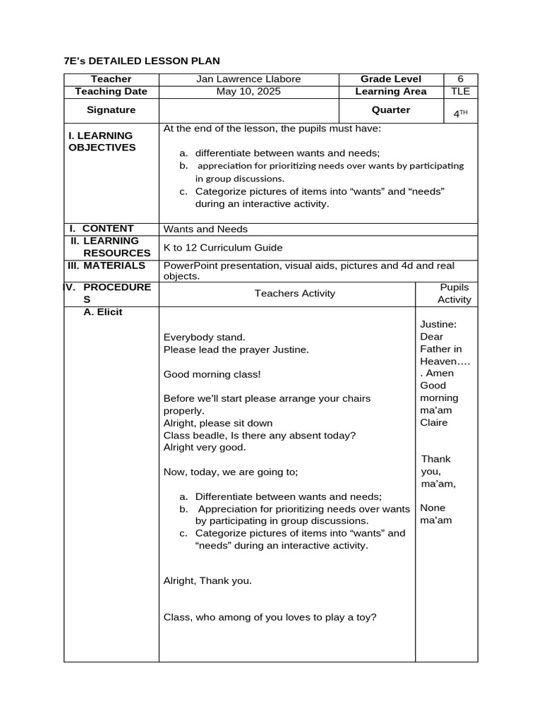 Lesson Plan on Wants vs. Needs | PDF | Multiple Choice | Lesson Plan