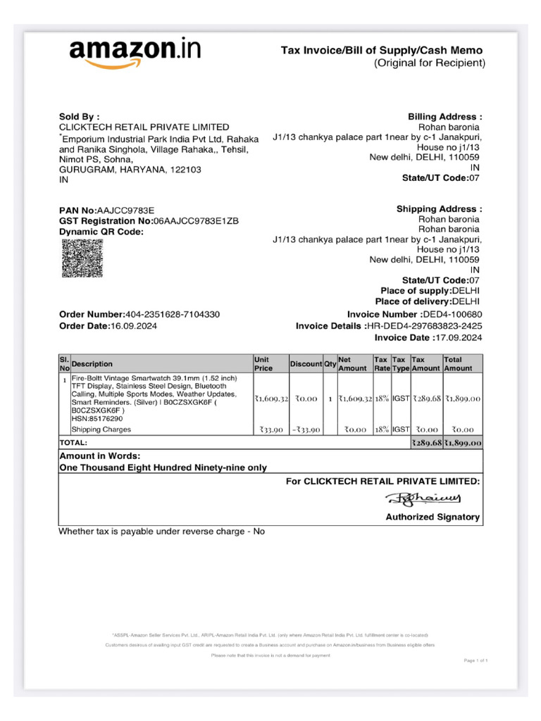 Fire Boult Watch Invoice | PDF
