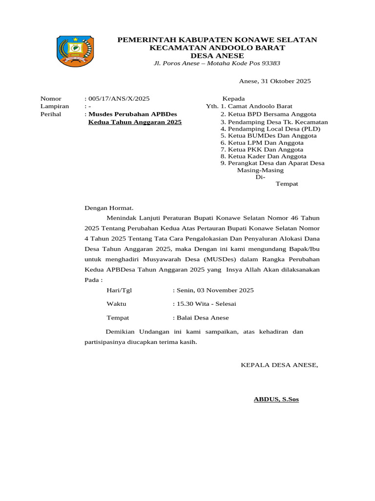 Undangan Musdes Perubahan APBDes 2025 | PDF