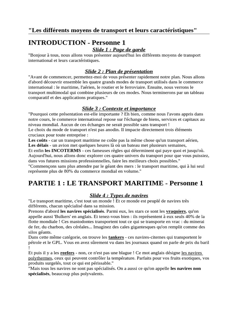 Les Différents Moyens de Transport Et Leurs Caractéristiques | PDF ...