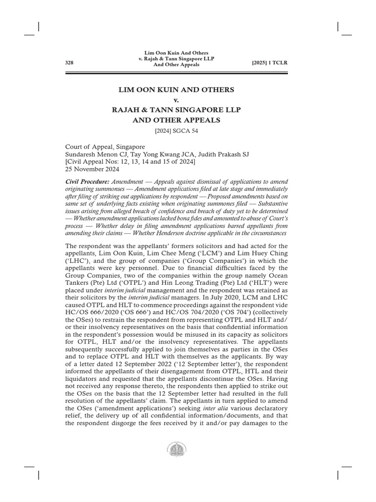 Lim Oon Kuin and Others v. Rajah & Tann Singapore Llp and Other Appeals ...