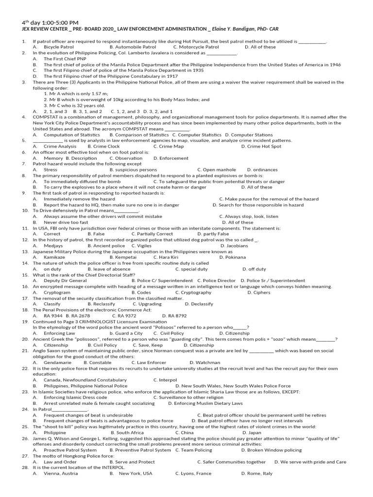 Law Enforcement Administration Review Quiz | PDF | Police | Police Officer