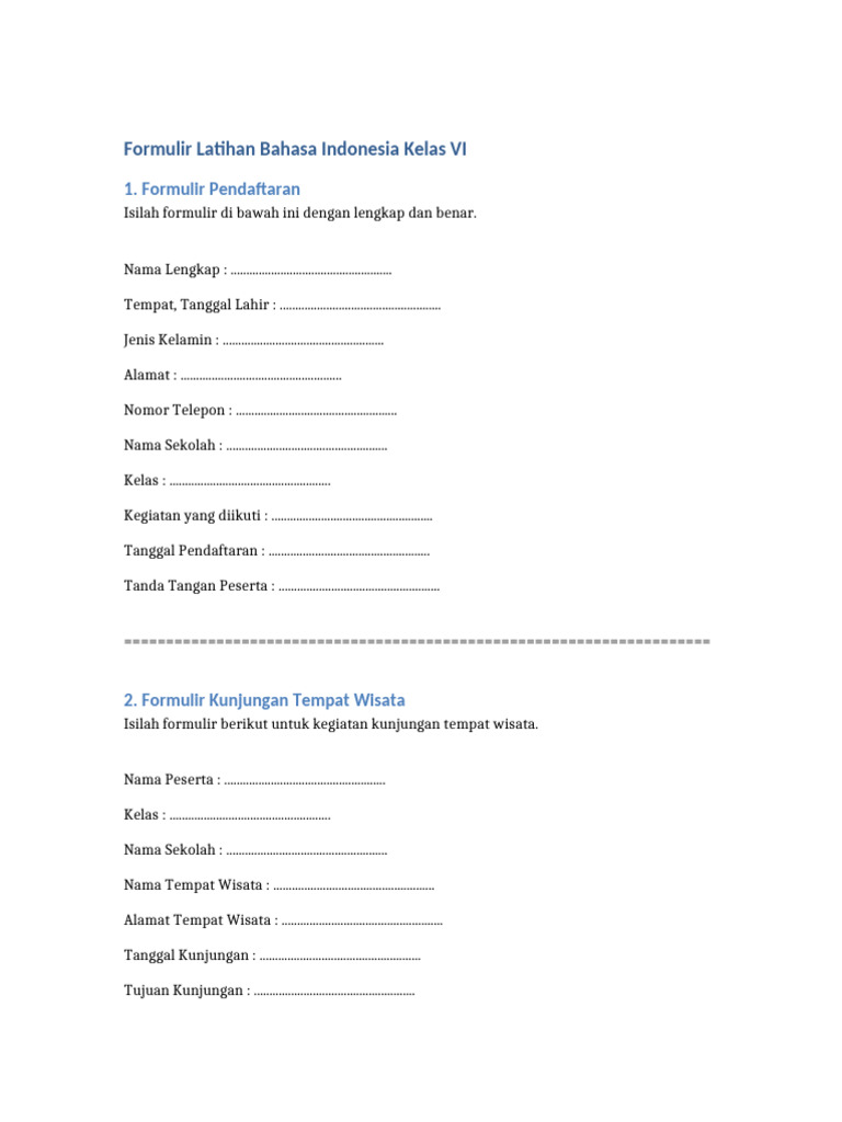 Formulir Latihan Bahasa Kelas VI | PDF