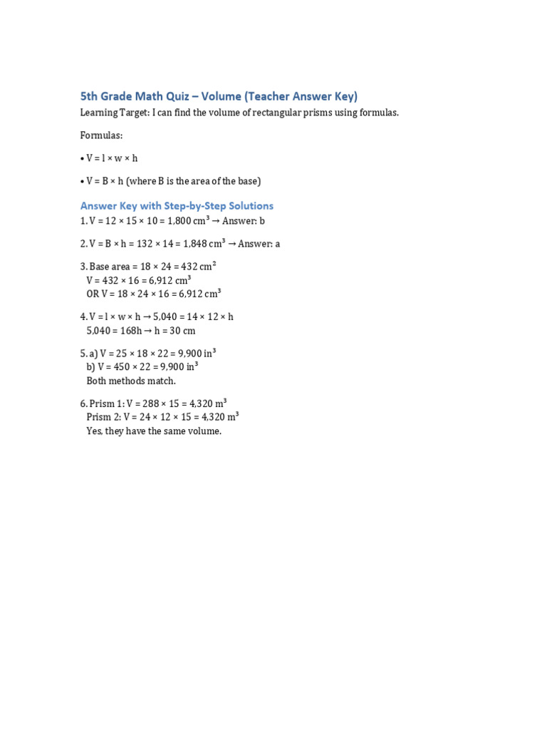 Grade5 Volume Quiz TeacherKey | PDF