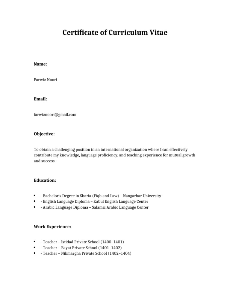 Farwiz Noori CV Certificate Format | PDF