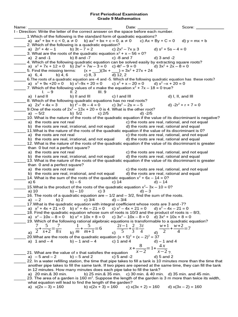 Math 9 1st Periodical Test | PDF | Quadratic Equation | Mathematics