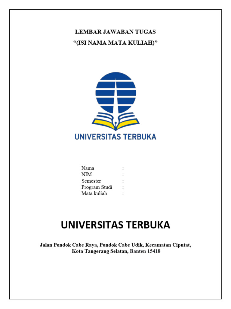 Format Cover Tugas Tutorial Online (TUTON) Universitas Terbuka | PDF