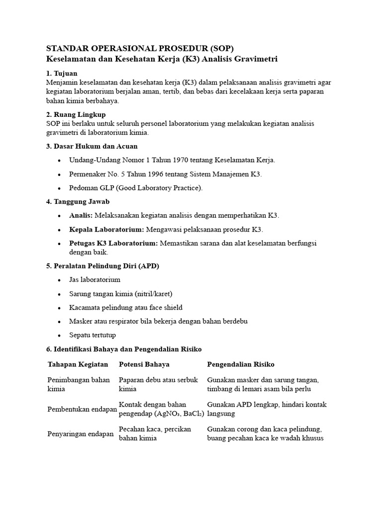 SOP K3 Analisis Gravimetri Laboratorium | PDF