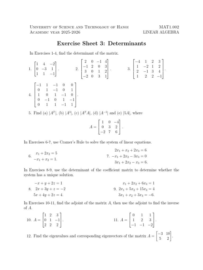 Linear Algebra Exercise Sheet: Determinants | PDF | Determinant ...