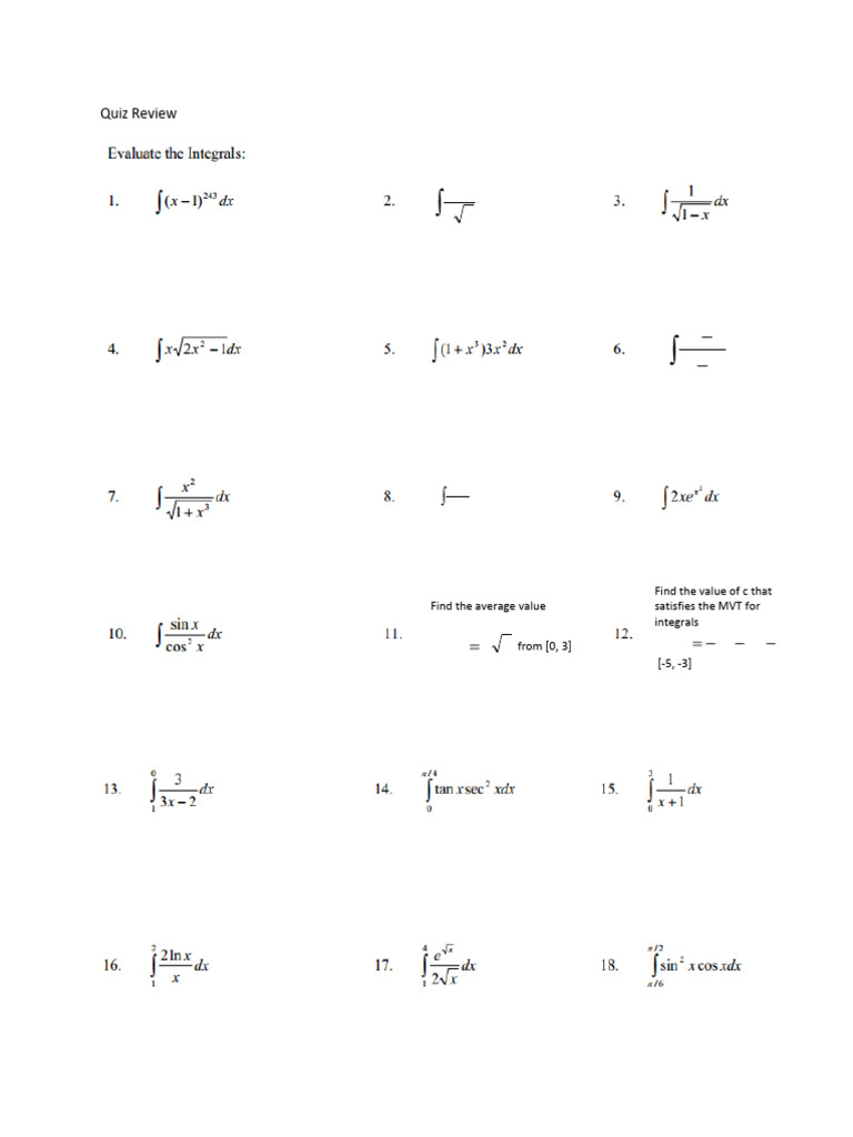 Calculus Quiz Review: MVT & Averages | PDF