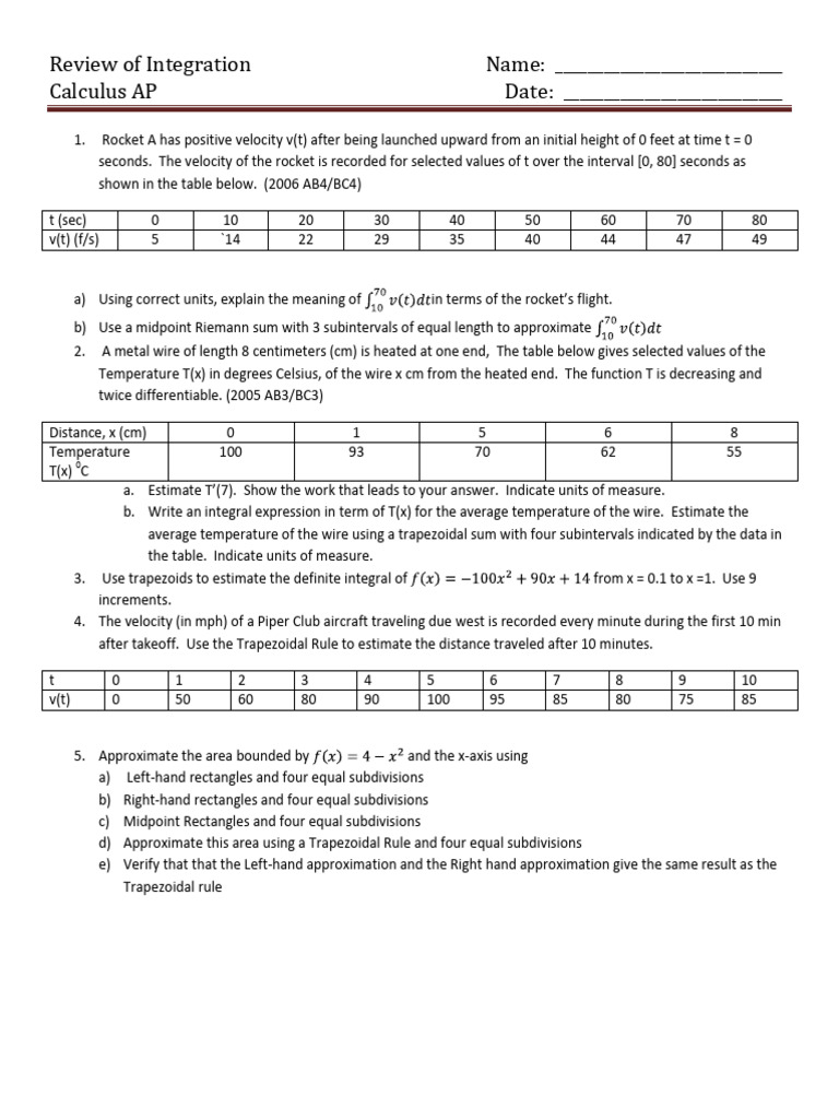 Integration and Tables WKST | PDF | Integral | Area