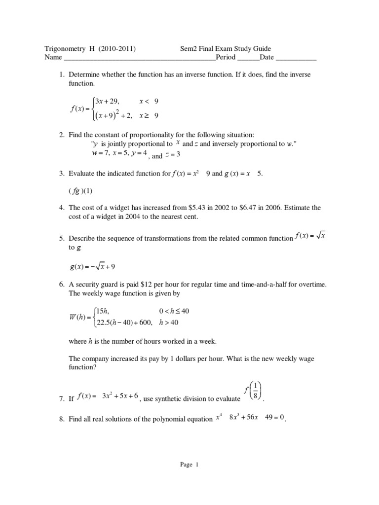Sem 2 Final Exam Review Pdf Trigonometric Functions Sine