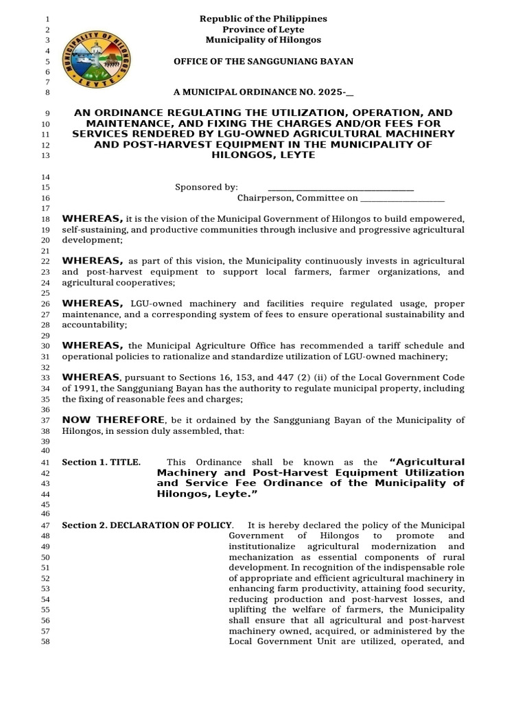 Hilongos Agricultural Machinery Ordinance | PDF | Agriculture
