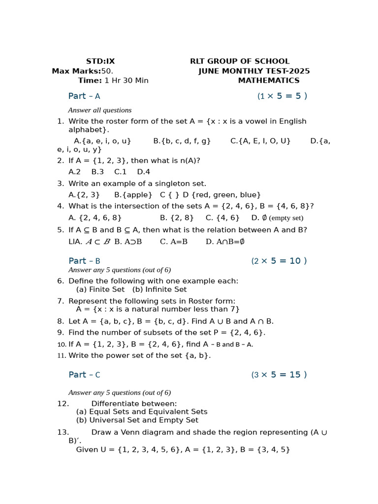 IX Grade Mathematics Monthly Test 2025 | PDF | Mathematical Logic ...