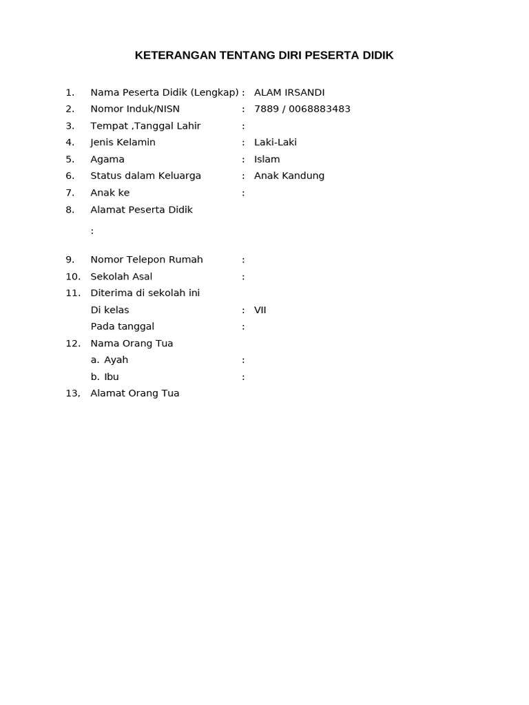 Data Diri Peserta Didik Alam Irshandi | PDF
