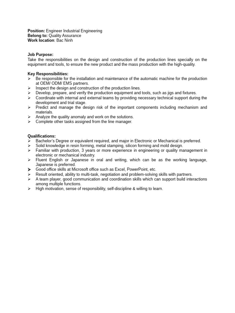 Industrial Engineer Job in Bac Ninh | PDF