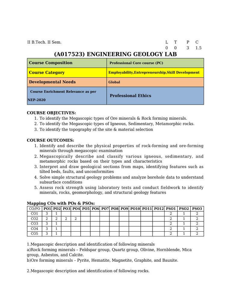 A017523 - Engineering Geology Lab | PDF | Rock (Geology) | Geology