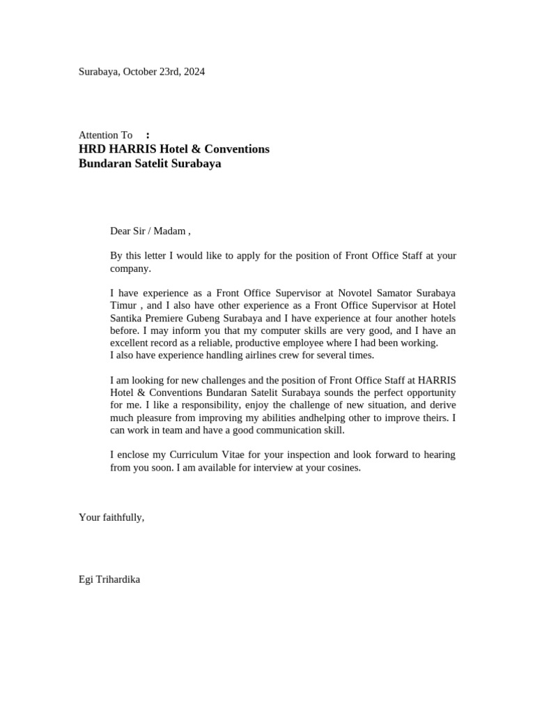 Front Office Staff Application Letter | PDF