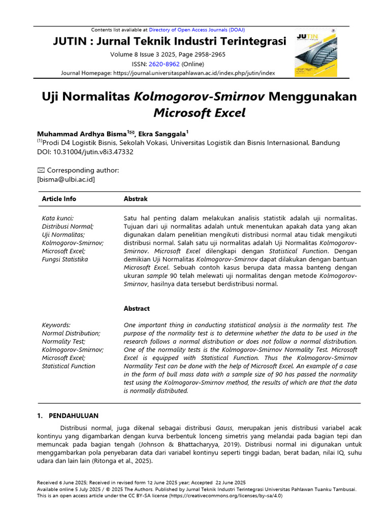 Uji Normalitas Menggunakan: Kolmogorov-Smirnov Microsoft Excel | PDF