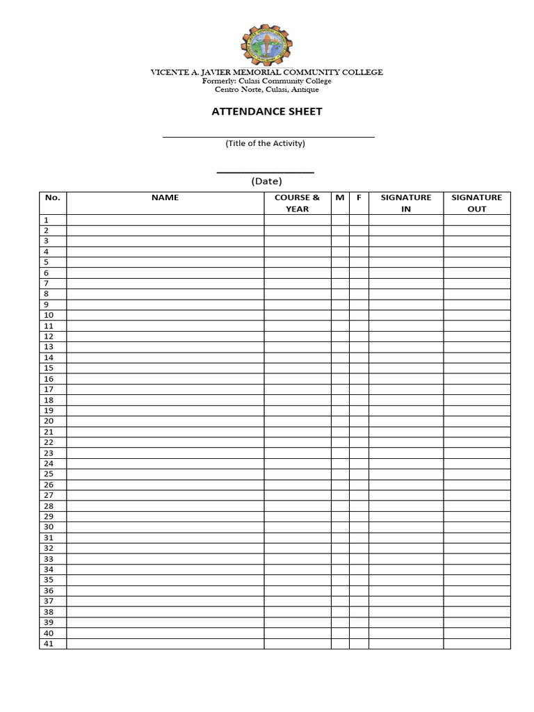 Attendance Sheet for Vicente A. Javier College | PDF