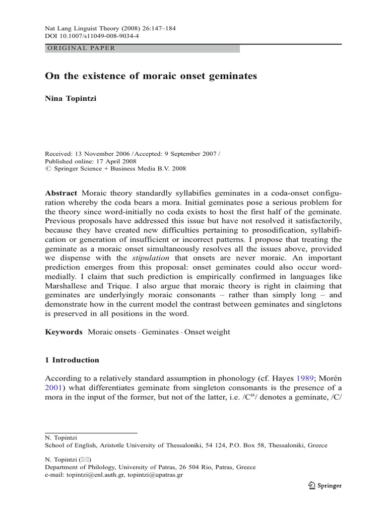 Topintzi 2008 on the Existence of Moraic Onset Geminates-736443 ...