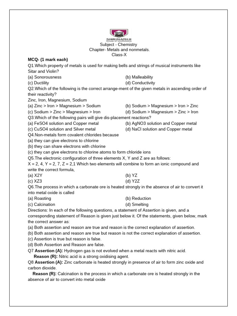 Class 10,Chemistry, Worksheet | PDF | Metals | Chemical Compounds