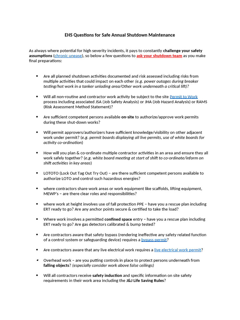 EHS Questions For Safe Annual Shutdown Maintenance | PDF | Labor ...