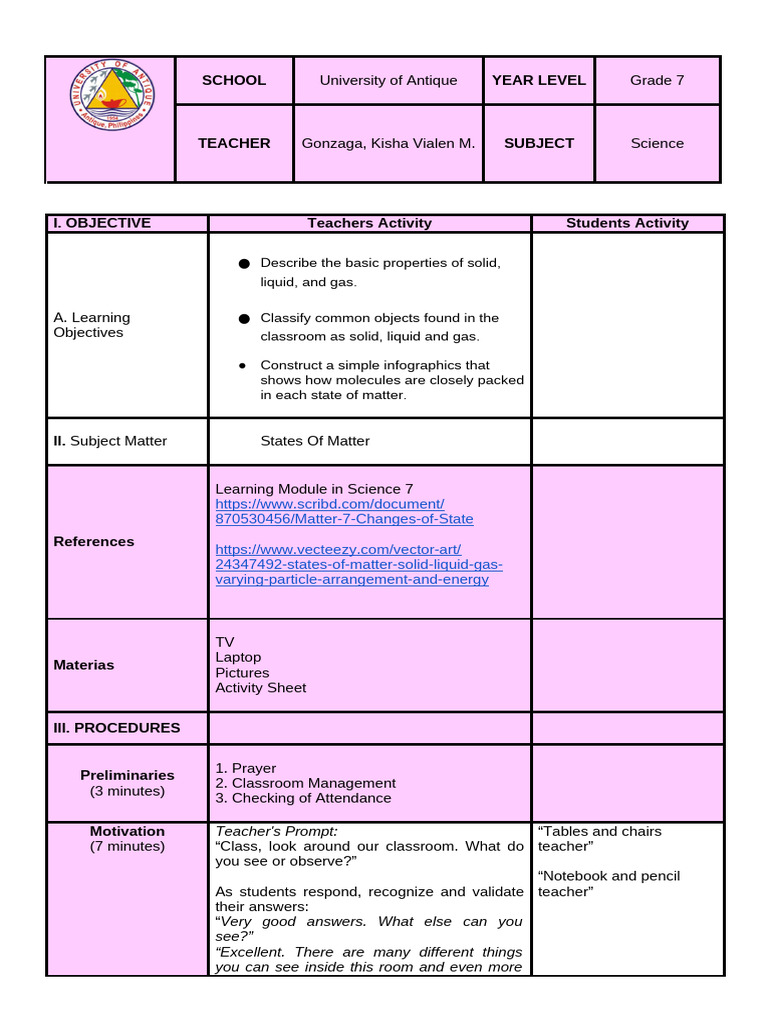 Grade 7 Science: States of Matter Lesson | PDF | Gases | Liquids