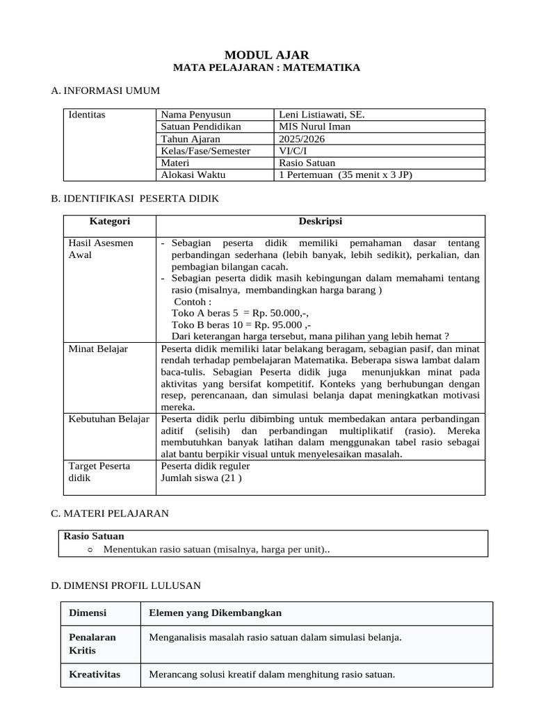 Pembelajaran Rasio Satuan Kelas VI | PDF