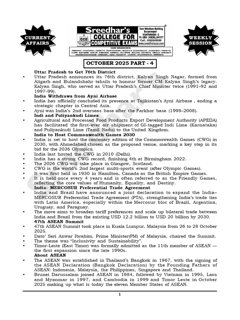 CURRENT AFFAIRS-WEEKLY SESSION-HANDOUT_OCTOBER 2025 PART-4 | PDF | Fertilizer | Malaysia