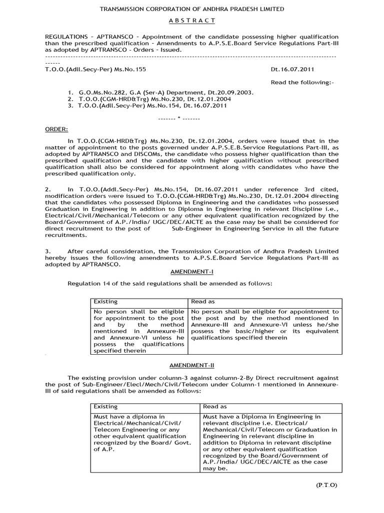 APTRANSCO Sub-Engineer Qualification Amendments | PDF | Educational ...