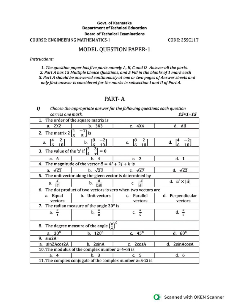 Engg Mathematics-I Model Question Papers | PDF