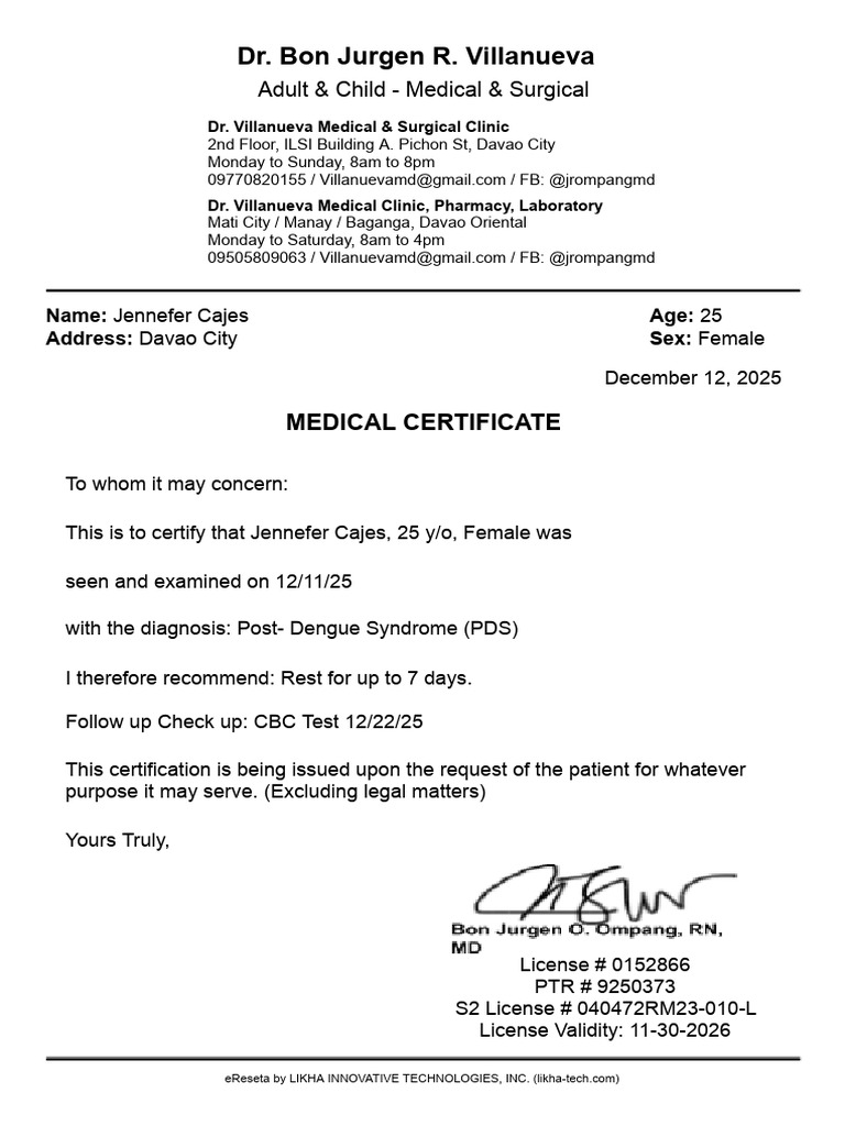 Medical Certificate for Jennefer Cajes | PDF