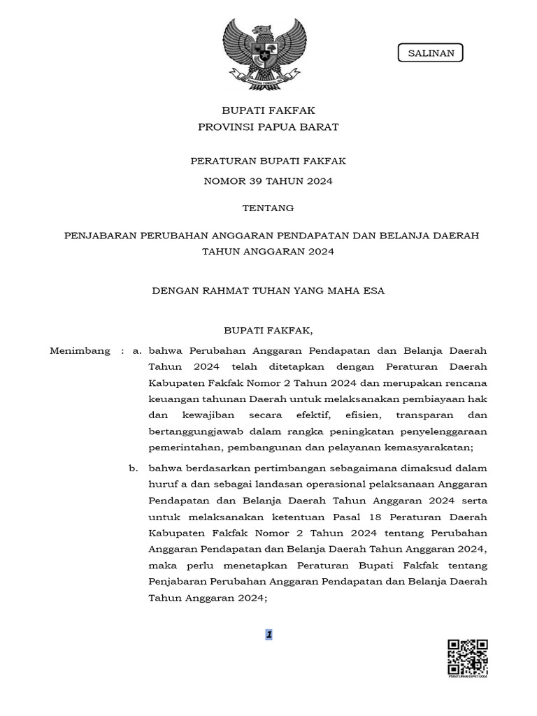 Perbup Fakfak No.39 Tahun 2024 Penjabaran Perubahan Apbd Ta 2024 | PDF