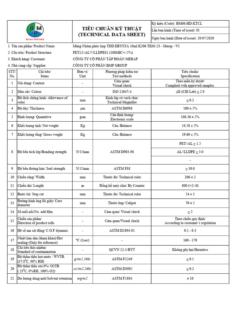 TCKT - Màng Nhôm PH C H P TDD Ebysta 10ml k206 Tk03.23 - Merap - V1 | PDF