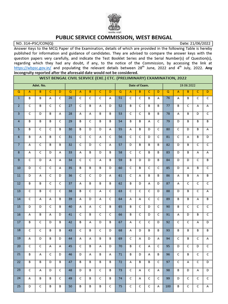 WB Civil Service Exam 2022 Answer Keys | PDF | Tests | Bengal
