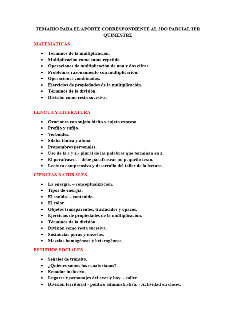 Temario Para El Aporte Correspondiente Al 2do Parcial 1er Quimestre | PDF