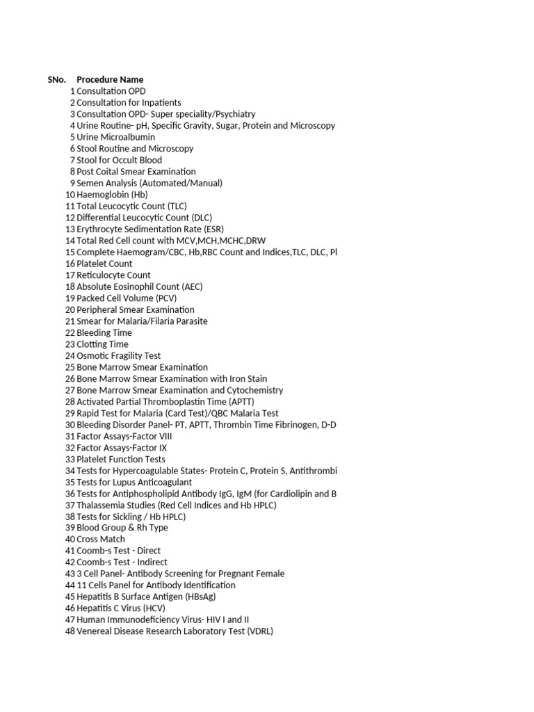 Comprehensive Medical Test Procedures List | PDF | Blood Plasma | Antibody