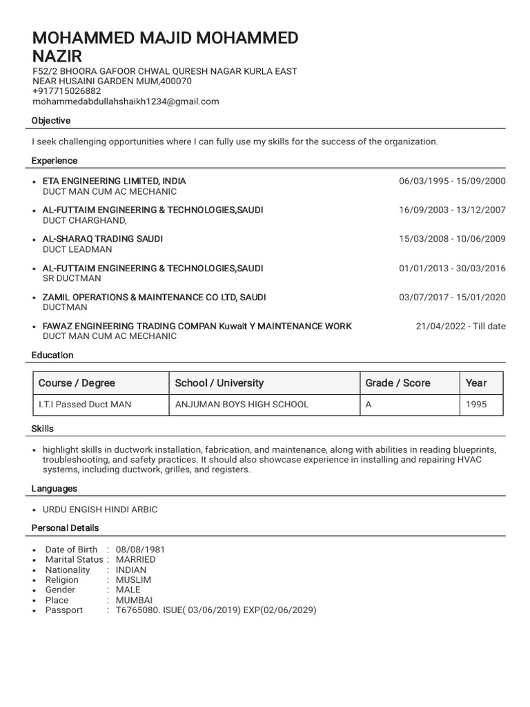 Ductwork Technician Resume Overview | PDF
