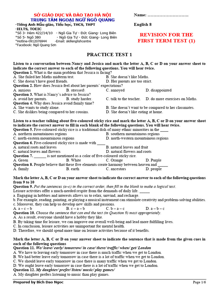 English 8 First Term Test Revision | PDF | Cost Of Living
