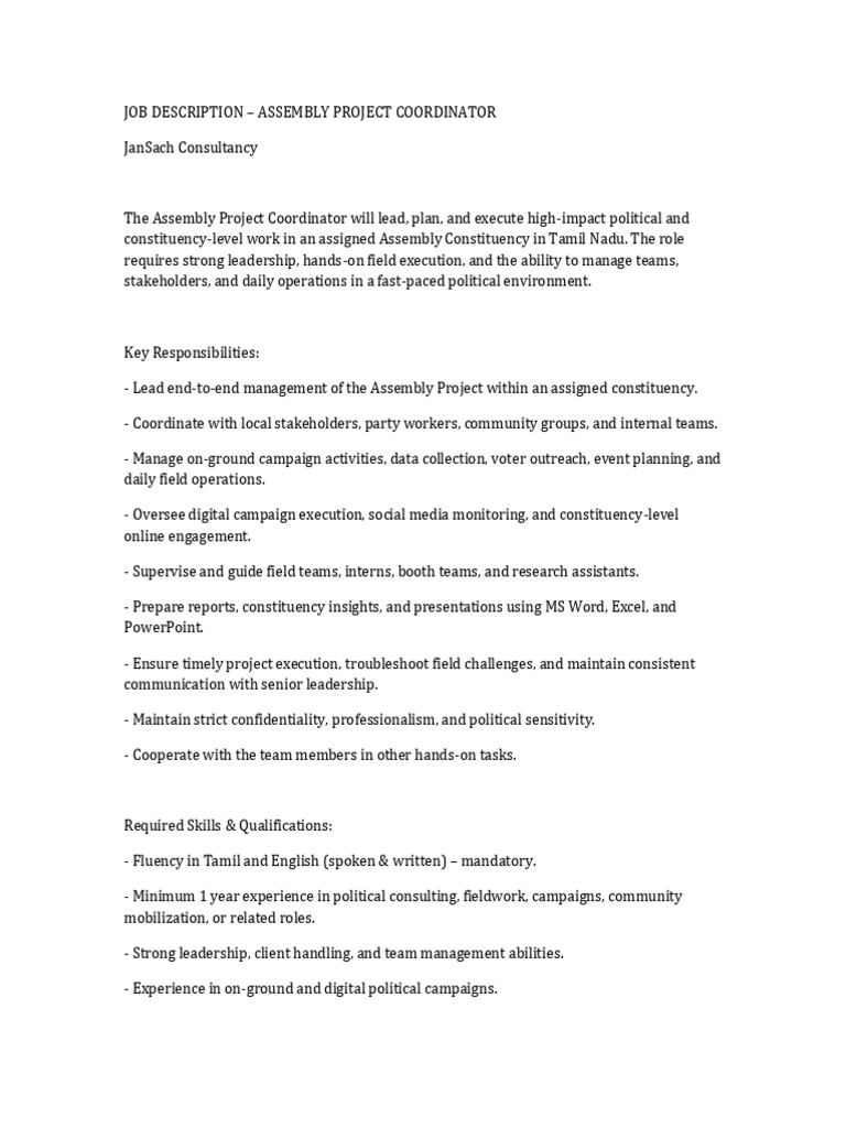 Assembly Project Coordinator JD | PDF
